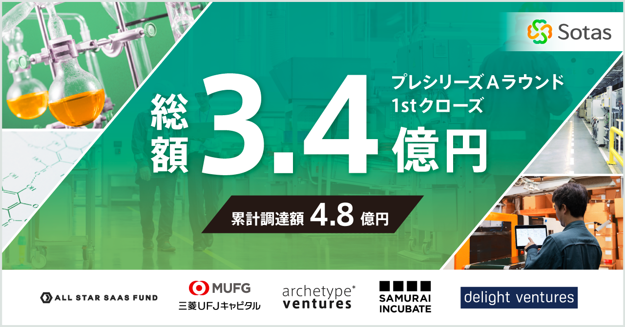 化学バーティカルSaaS企業Sotas プレシリーズAラウンド1stクローズで総額3.4億円の資金調達を実施 | お知らせ・リリース情報 | Sotas株式会社